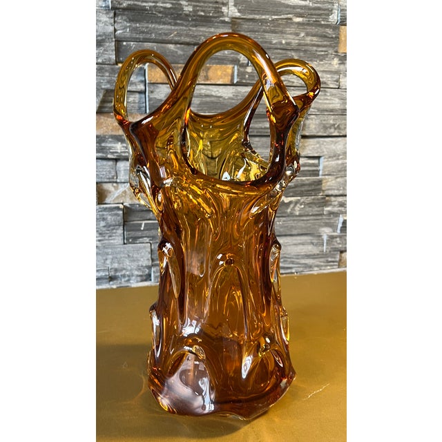 Large Amber Art Glass Vase Tree Trunk Texture With 3 Open Loops Forming ...