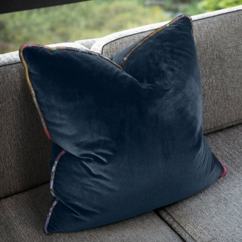 Navy Velvet Square Pillow With Patterned Welt | Chairish