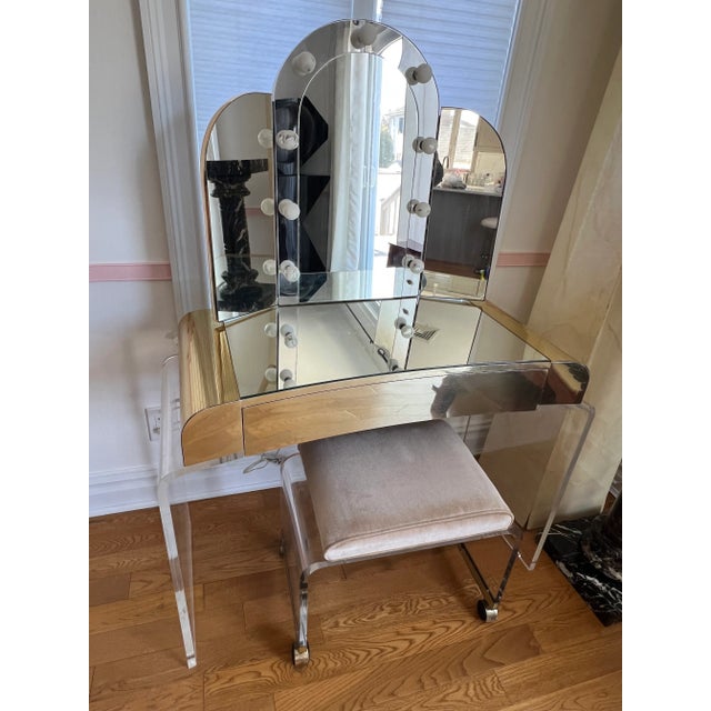 1970s Lucite Brass Arched Vanity Mirror & Stool Made by Hill ...