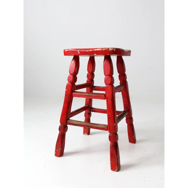 Vintage Red Wooden Stool | Chairish