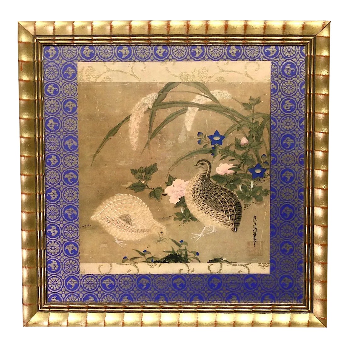 Vintage Chinese Offset Lithograph of a Pair of Quails Amongst Flowers ...