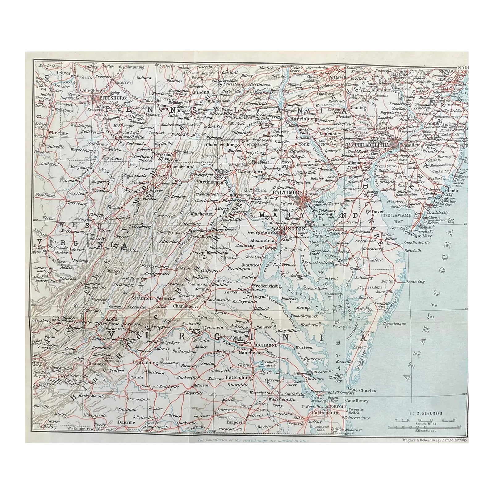 1909 Antique Map of the Mid Atlantic Region | Chairish