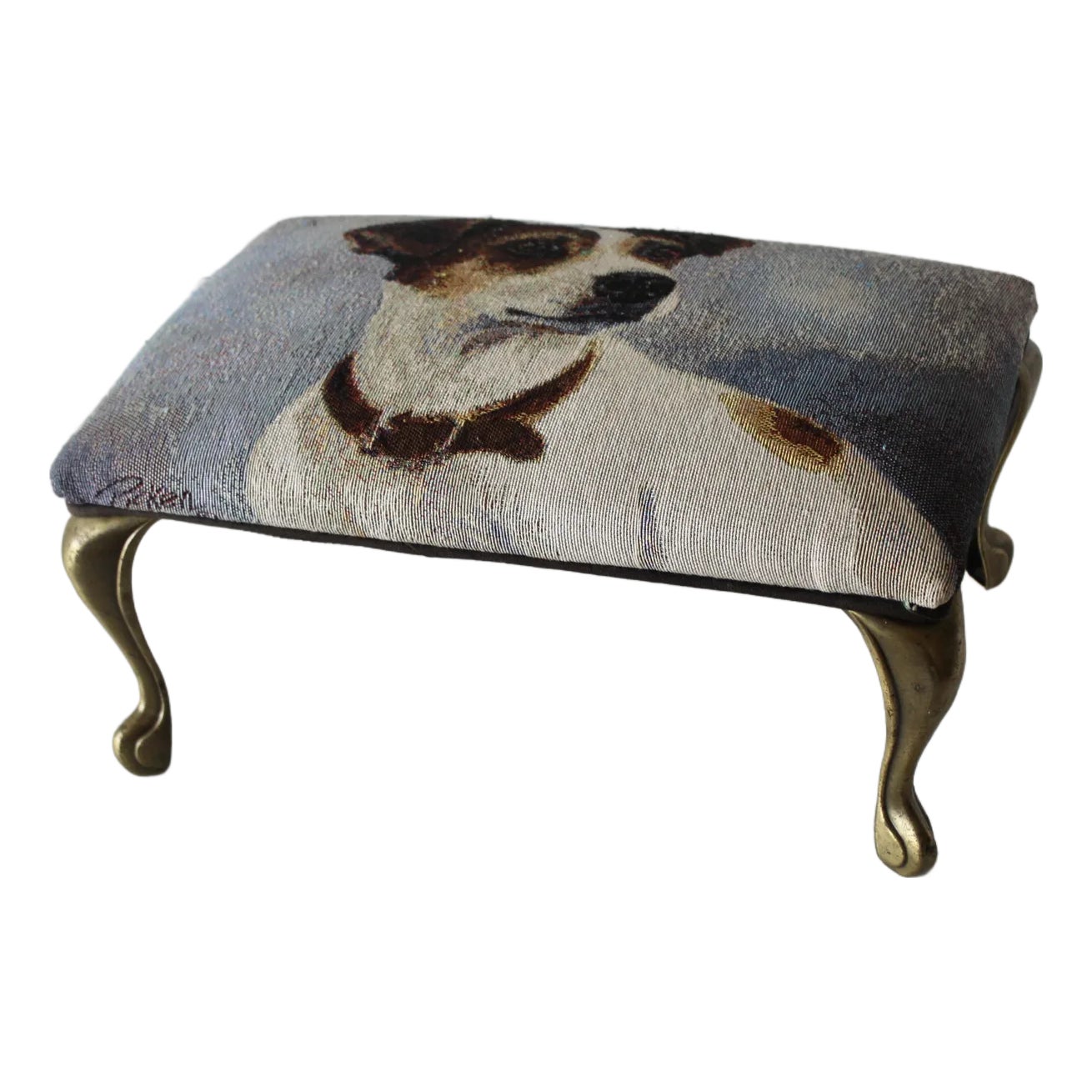 1980s Vintage Jack Russel Tapestry Upholstered Cast Brass Cabriole Legs ...