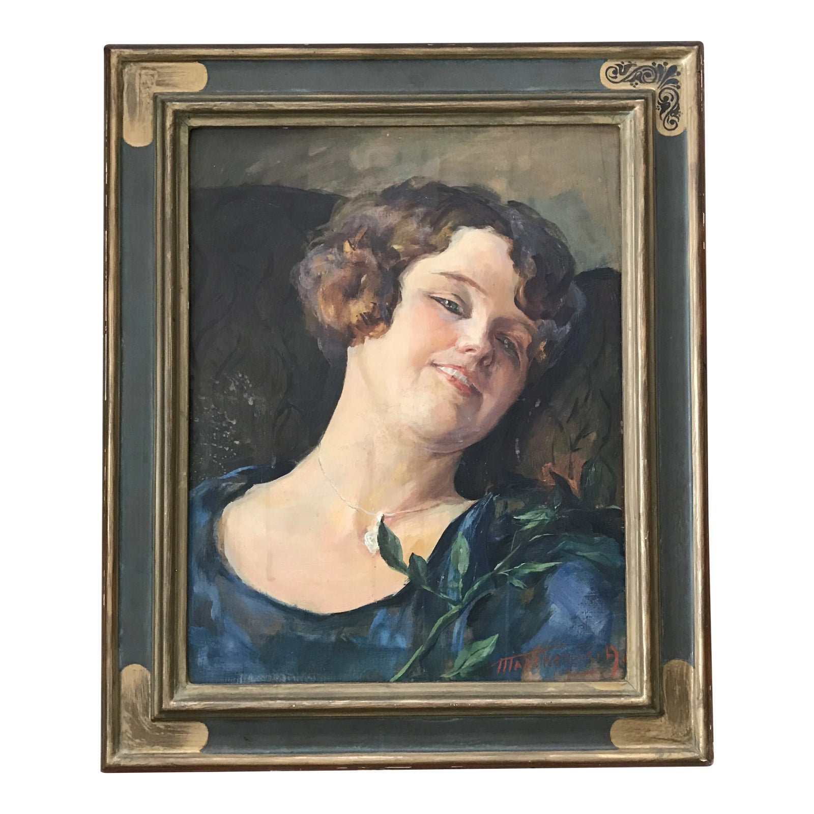 “Lady in Teal Dress" Portrait Oil Painting by Listed Italian American ...