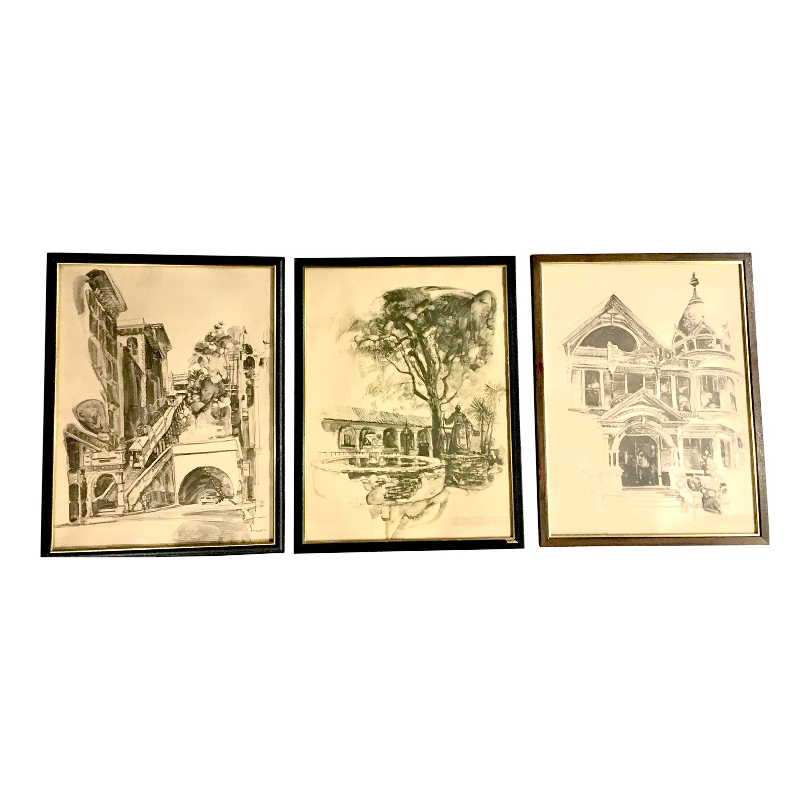 Set of 3 Framed Turn of the Century Historical Drawings Los Angeles ...