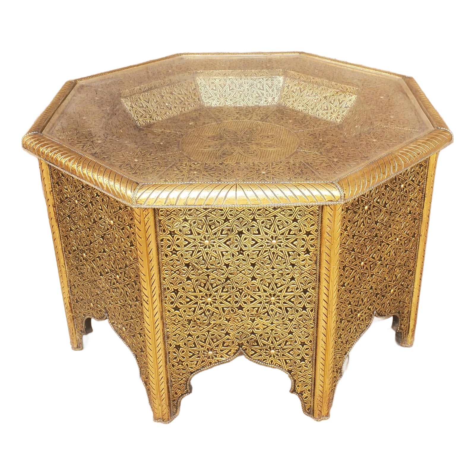 Moroccan Octagonal Metal Inlaid Coffee Table - Gold Finish | Chairish