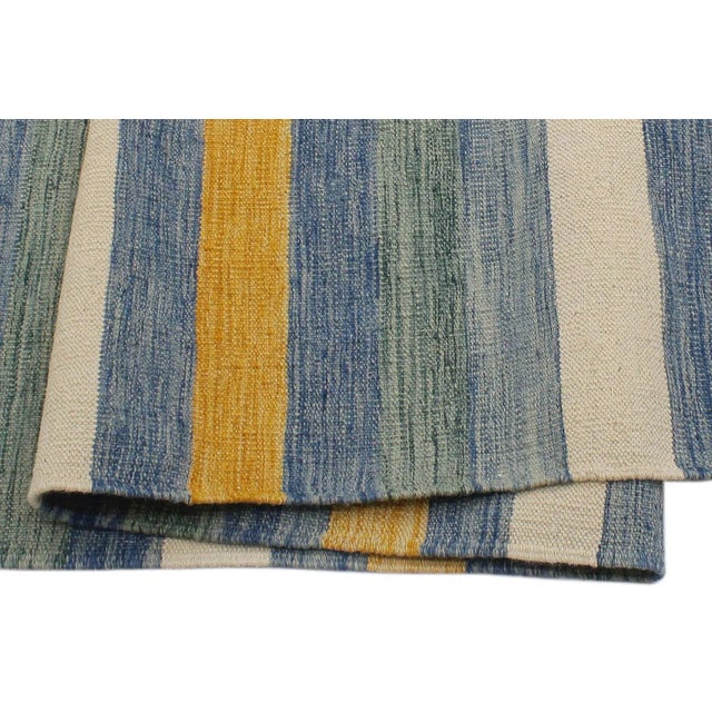 Early 21st Century Boho Chic Kilim Blue Beige Wool Rug | Chairish