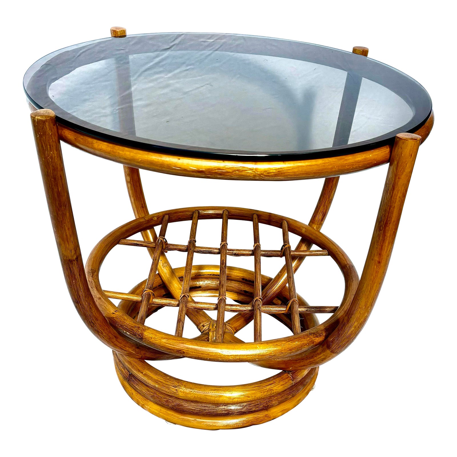 Mid 20th Century Boho Rattan Bamboo Round Side Table | Chairish
