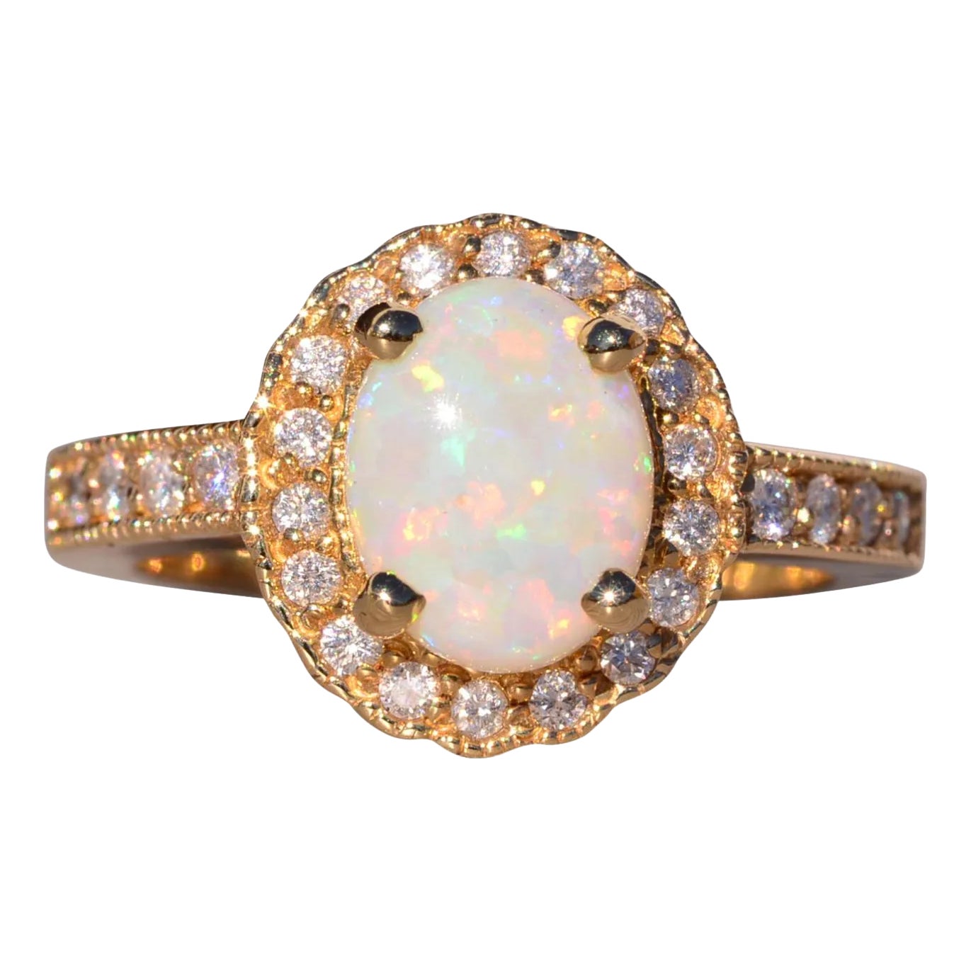 The Cobber: Natural Australian Opal and Diamond Halo Ring in Yellow ...