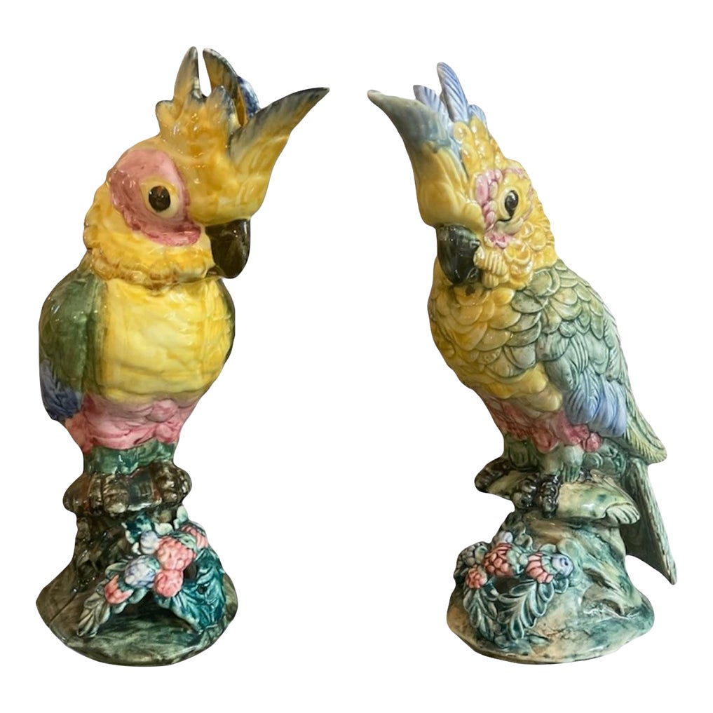 Vintage Italian Majolica Cockatoo / Parrot Statues (Pair) | Chairish