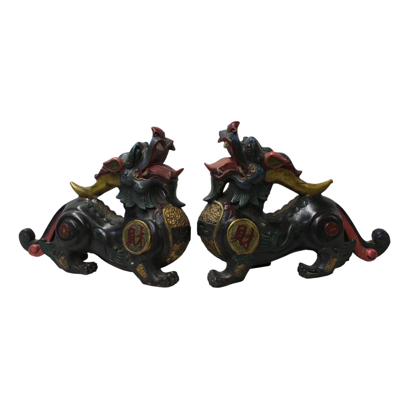 Chinese Metal Color Painted Forturn Fengshui Pixiu Figures - a Pair ...