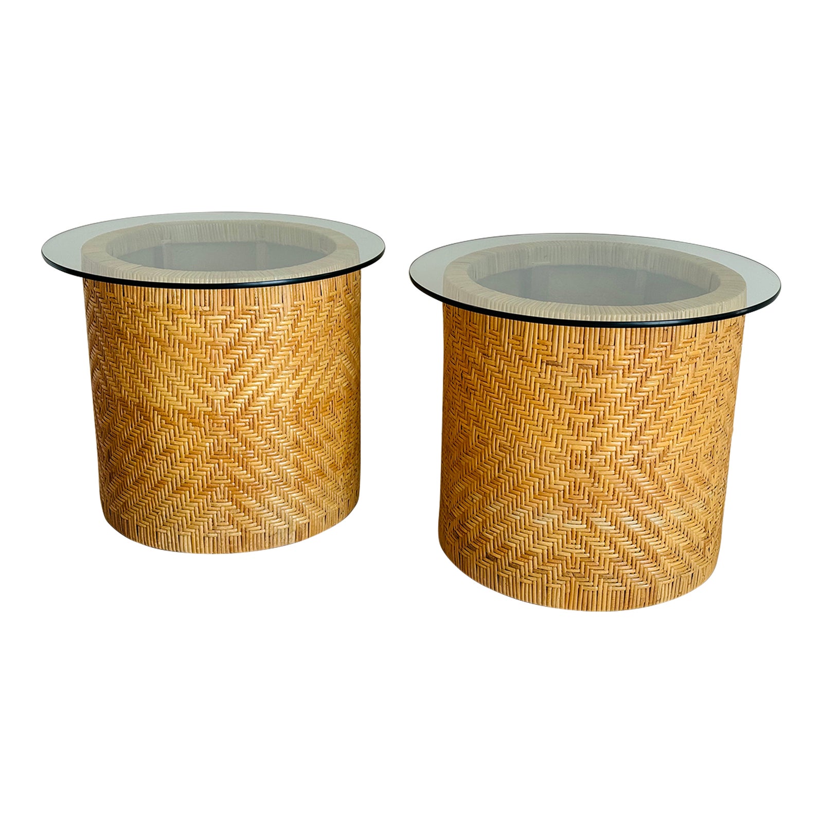 1970s Rattan Woven Cylinder Side Tables -A Pair | Chairish