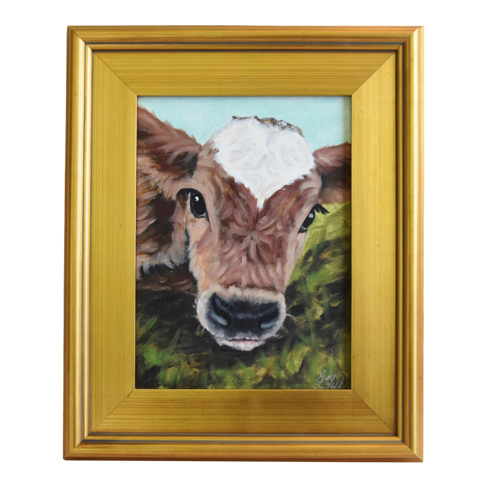 Country Farmhouse Calf Cow Portrait Oil Painting W/ Gold Frame | Chairish