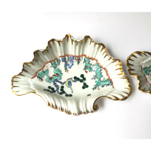 French Porcelain Seashell Bowls With Bird Design, Pair | Chairish