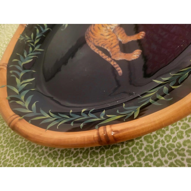 Regency Black Tan Whimsical Tiger Ceramic Tropical Faux Bamboo Serving ...