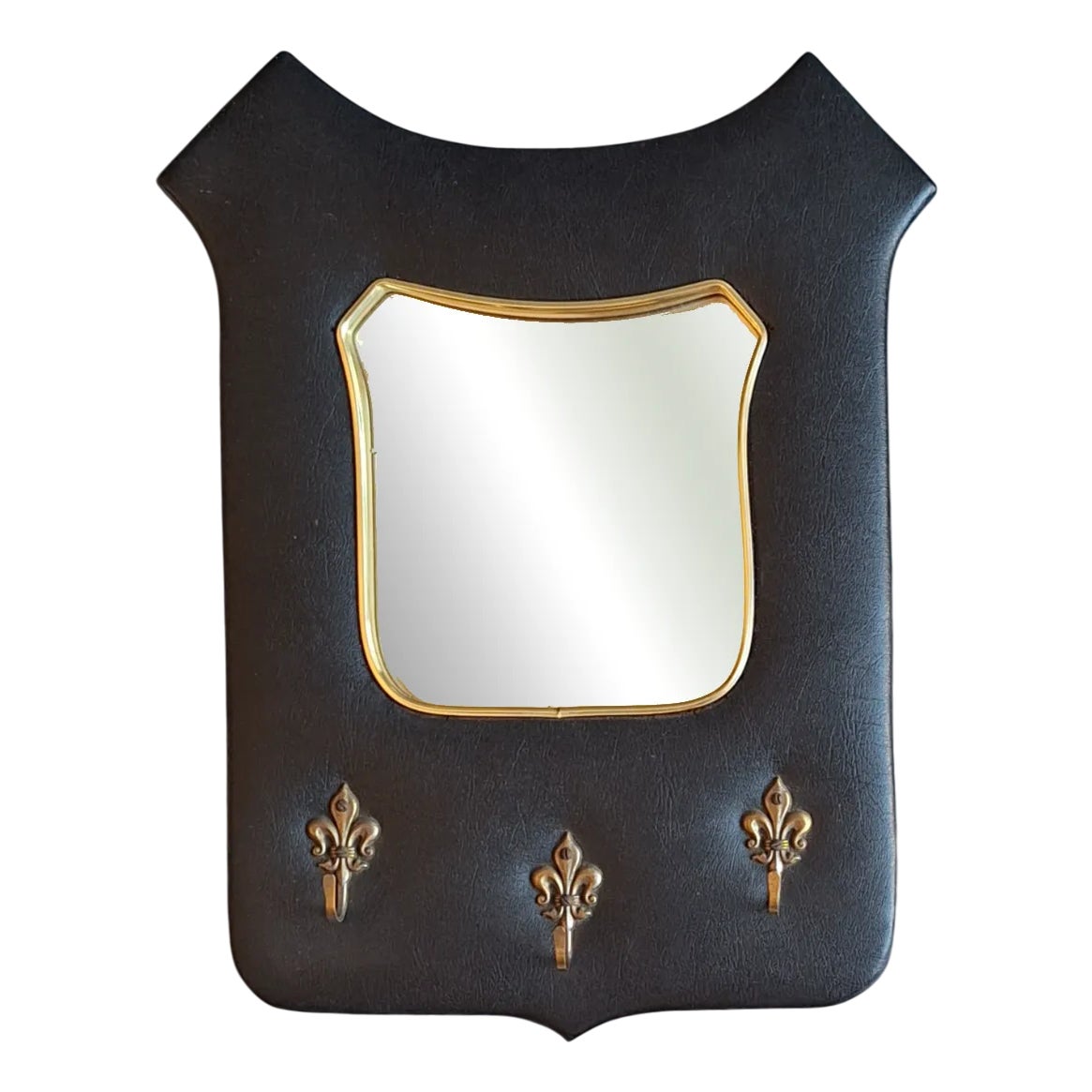 Small Vintage Wall Coat Rack with Black Vinyl Covering, Recessed Mirror ...