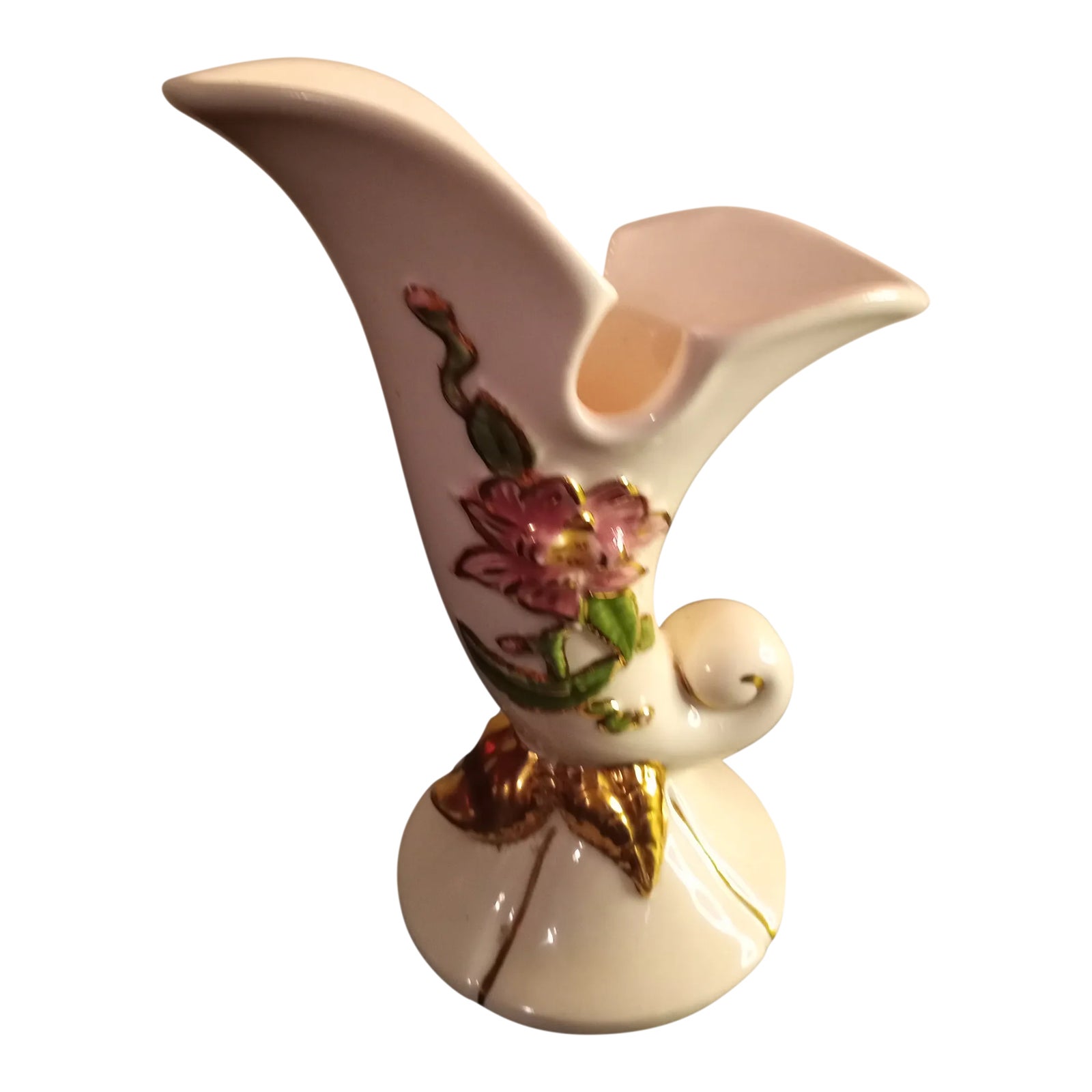 Hull Pottery Floral Incolay Porcelain Cornucopia Vase | Chairish