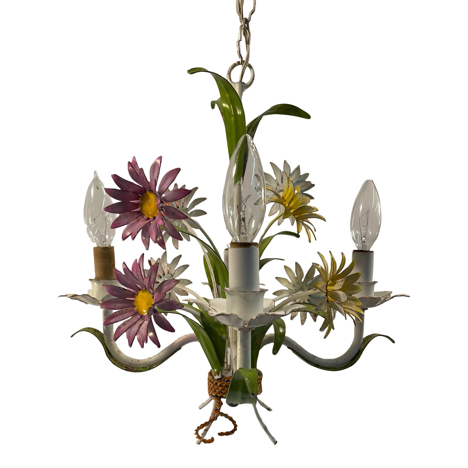 Vintage Italian 4 Light Flower Design Tole Chandelier | Chairish
