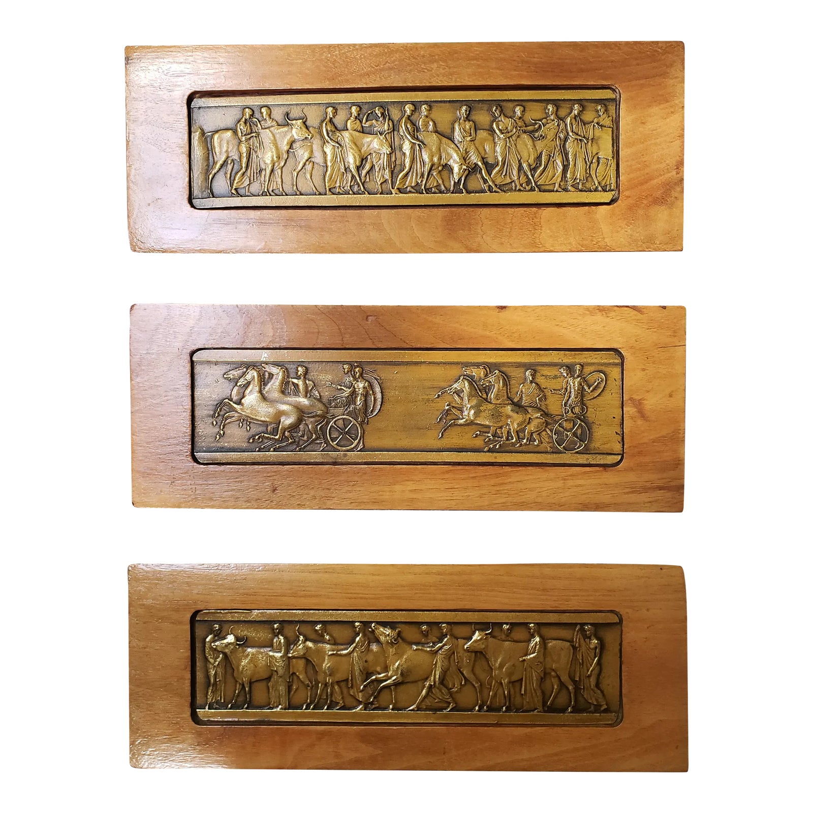 Mid Century Modern Wood and Brass Wall Plaques With Greco Roman Frieze ...