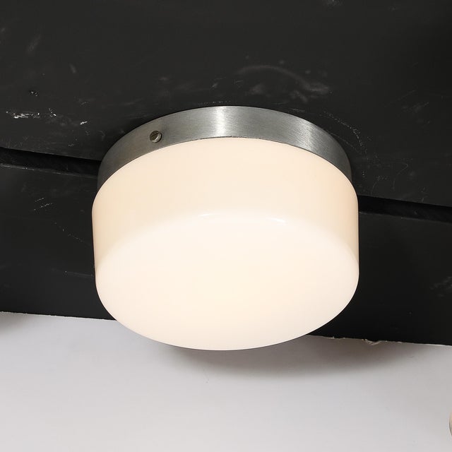 Pair of Mid-Century Cylindrical Milk Glass Flush Mounts W/ Brushed ...