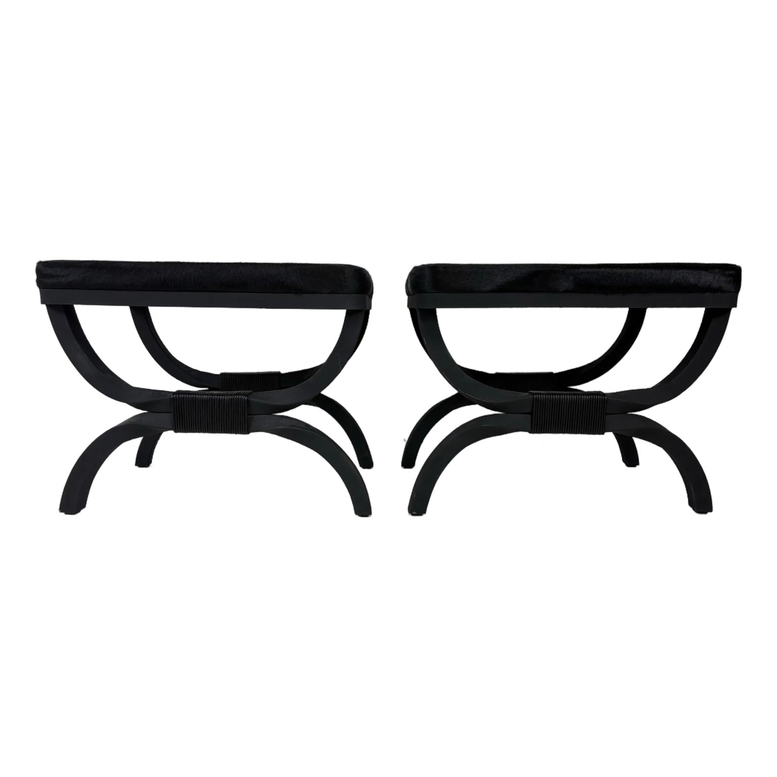 Classical Pair of Wrought Iron Benches With Cowhide Upholstery | Chairish