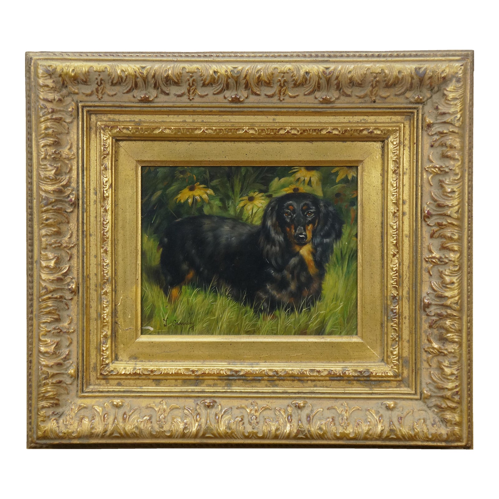 Late 20th Century Laura E. Cassidy Dachshund Dog Portrait W Daisies Oil ...