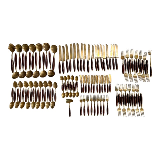 Vintage Mid Century Bronze and Wood Flatware Set of 106 | Chairish