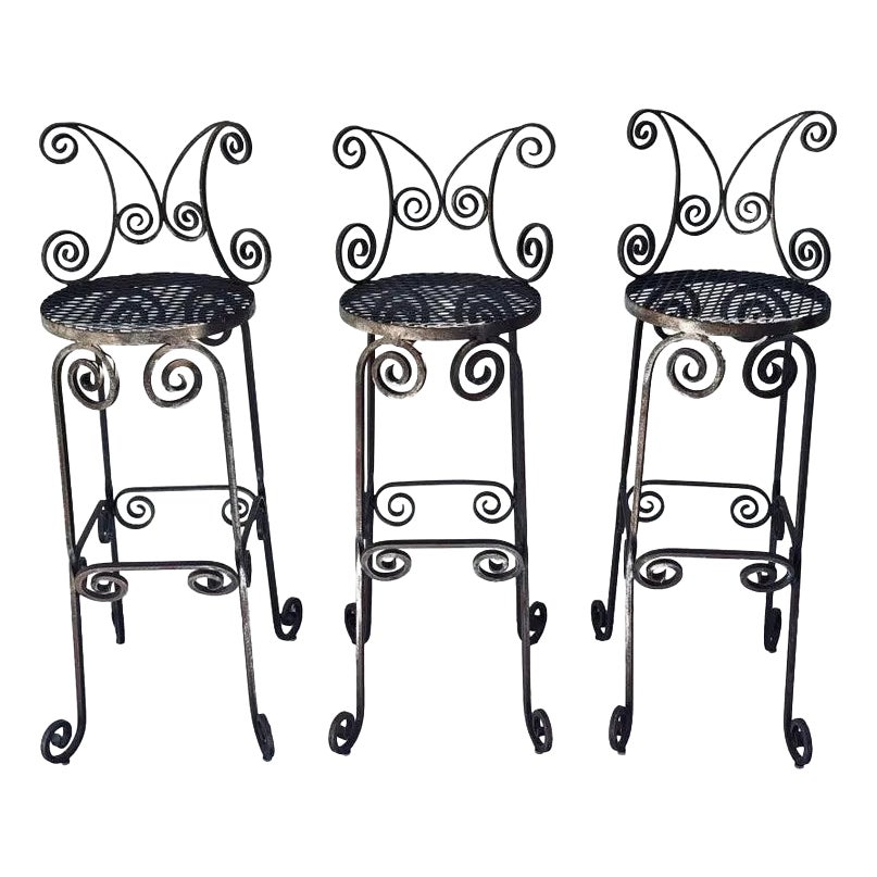 Set of Three Hand Wrought Iron Scrollwork Bar Stools | Chairish