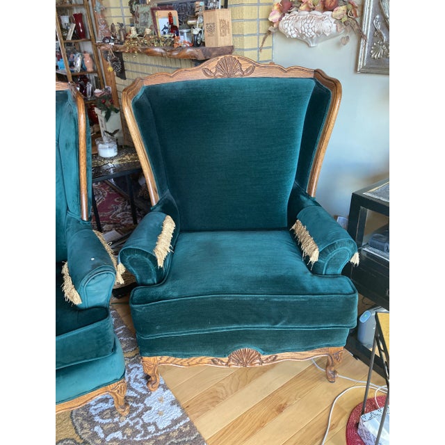 Pair of Custom Large Wingback Chairs Emerald Green Velvet Oak SeaShell ...