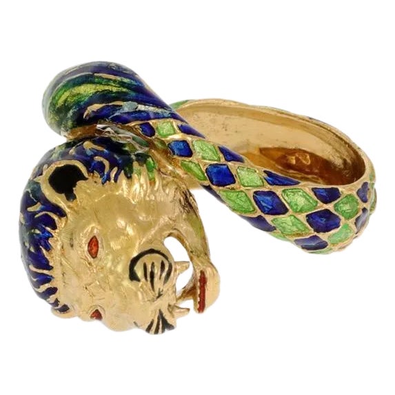 Estate 18k Yellow Gold Enamel Lion Head Bypass Ring Size 5 | Chairish