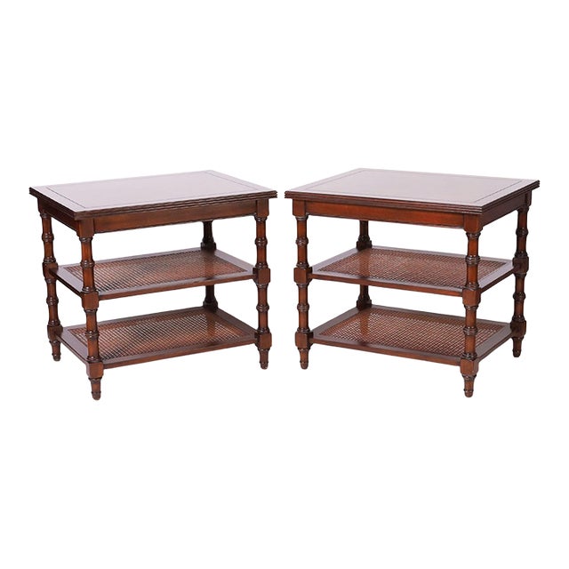 Ethan Allen Pair of British Colonial Style Three Tiered Stands or Tables | Chairish