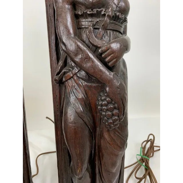 1920s Oak Carved Female Figurine Tall Table Lamps - a Pair | Chairish