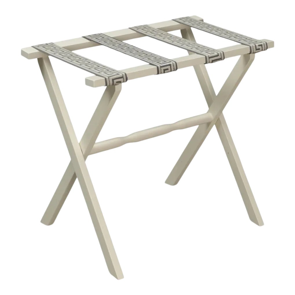 Ivory Wood Straight Leg Luggage Rack with 4 Pewter & Taupe Greek Key ...
