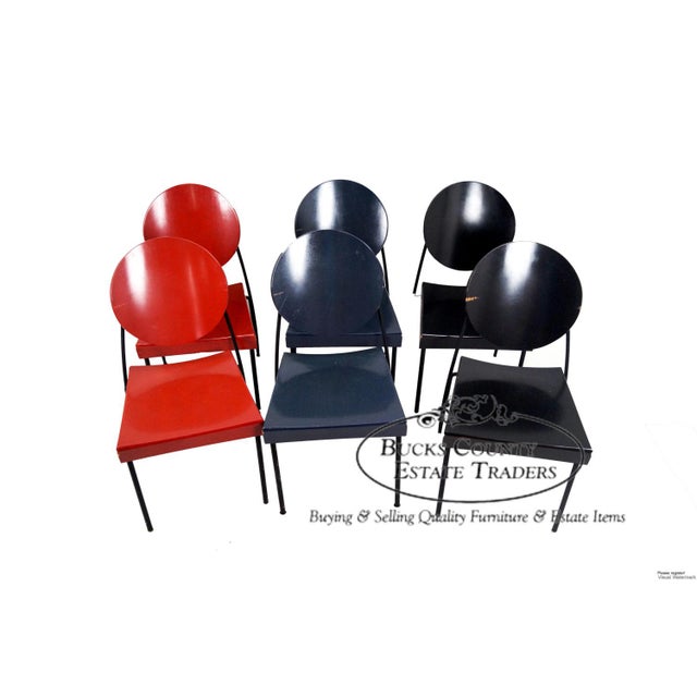 Mid Century Modern Set of 6 Iron Frame Colorful Wood Dining Chairs ...