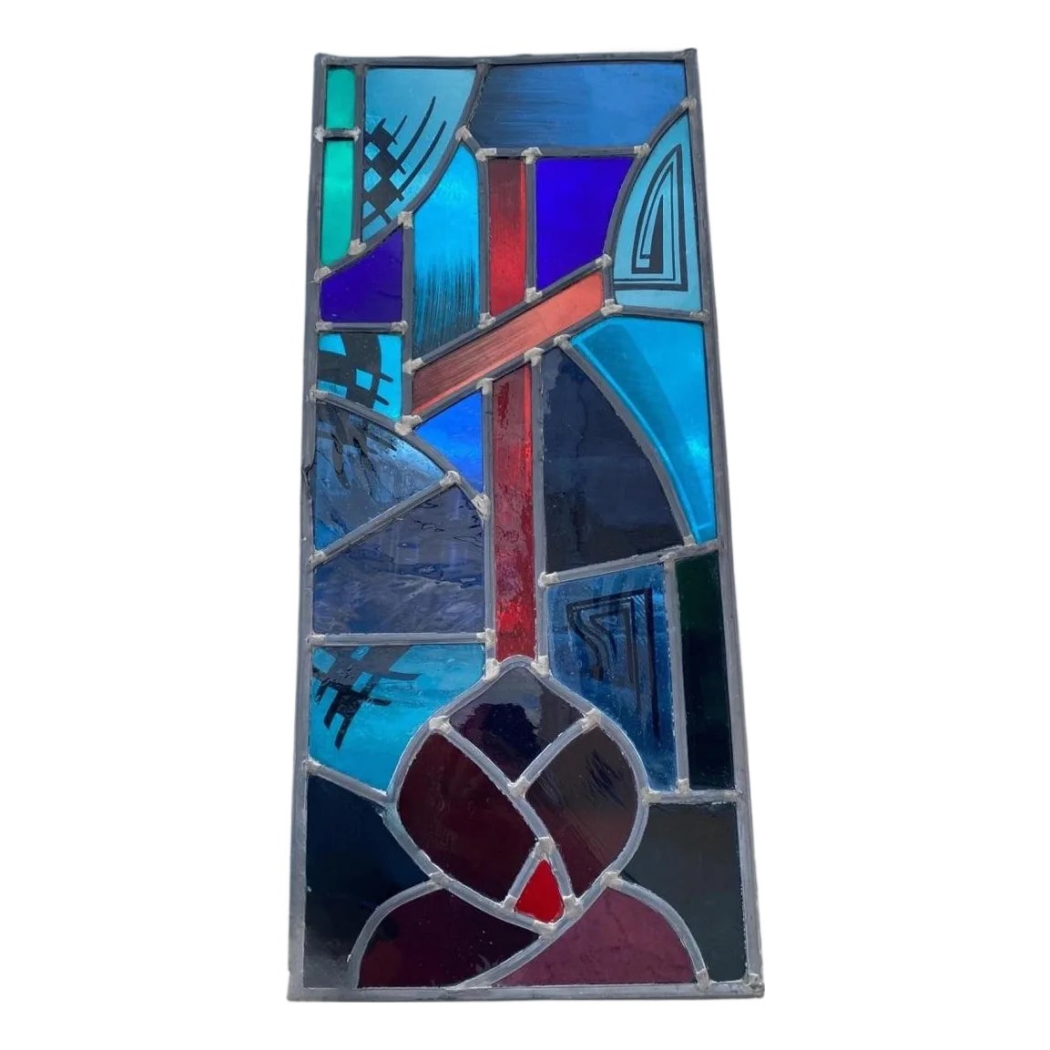 Vintage Art Deco Blue & Red Leaded Stained Glass Church Window W/ Cross ...