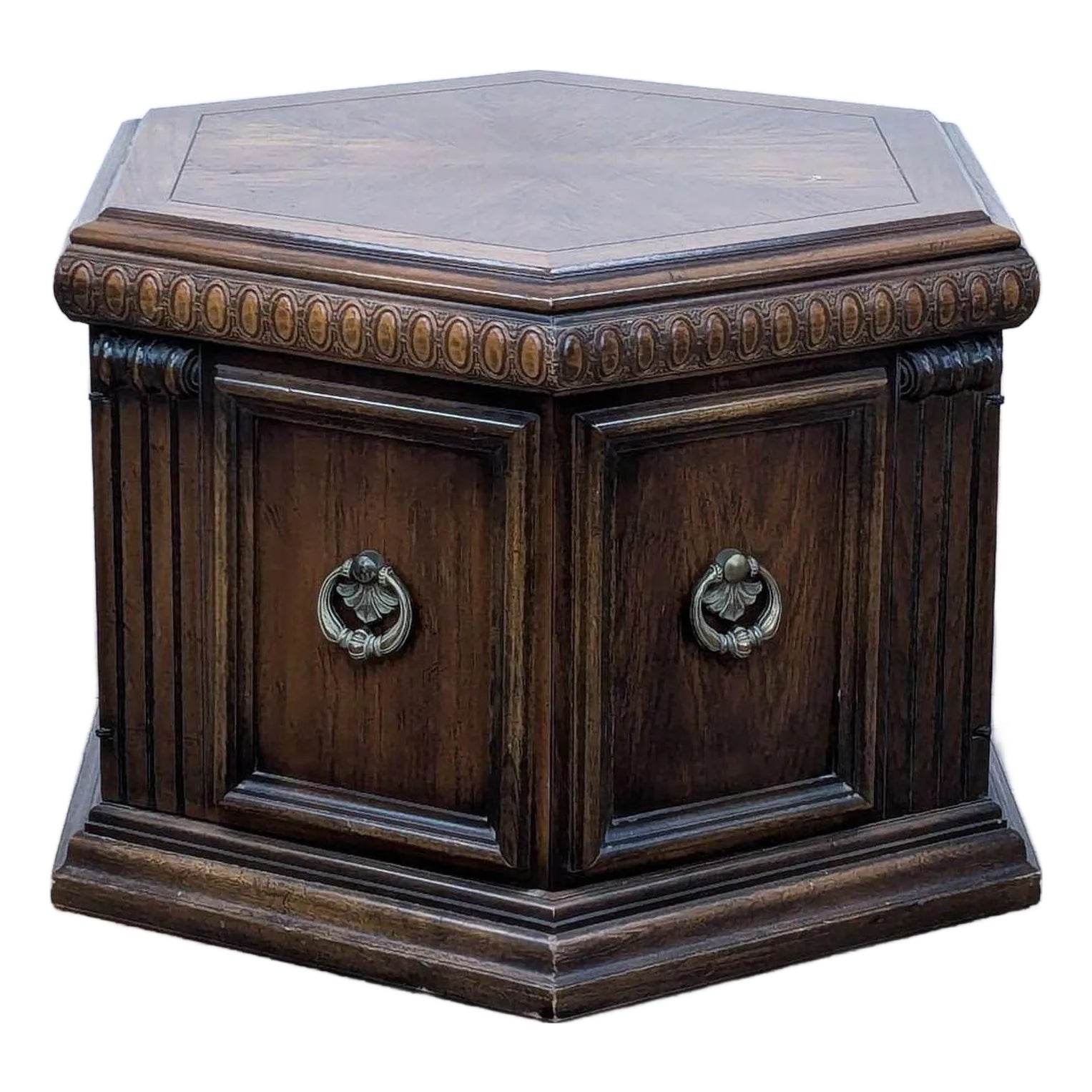 Vintage Inlaid and Carved Hexagonal End Table | Chairish