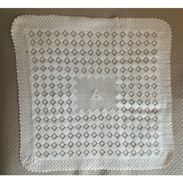 Vintage 30" Sq Hand Made Crocheted Pram Cover With Center Monogram Ca ...