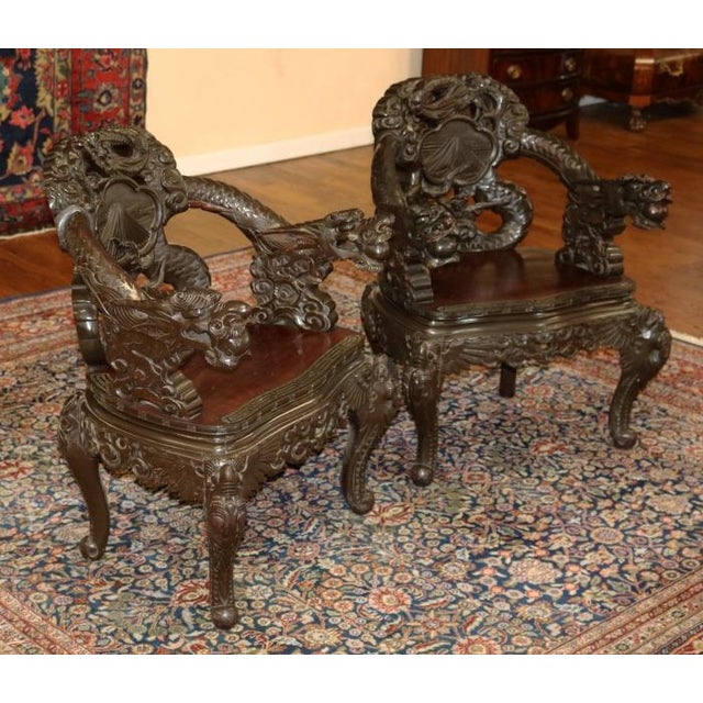 Pair of Antique Teak Japanese Meiji Carved Dragon Chairs | Chairish