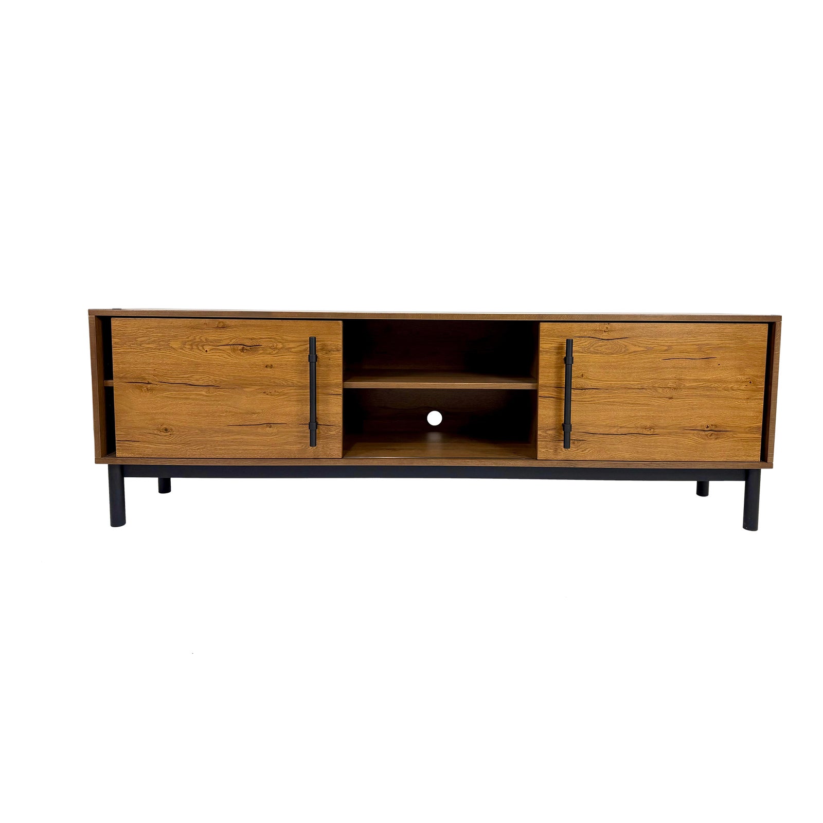 Arhaus Sullivan Solid Oak Media Console With Black Metal Accents | Chairish