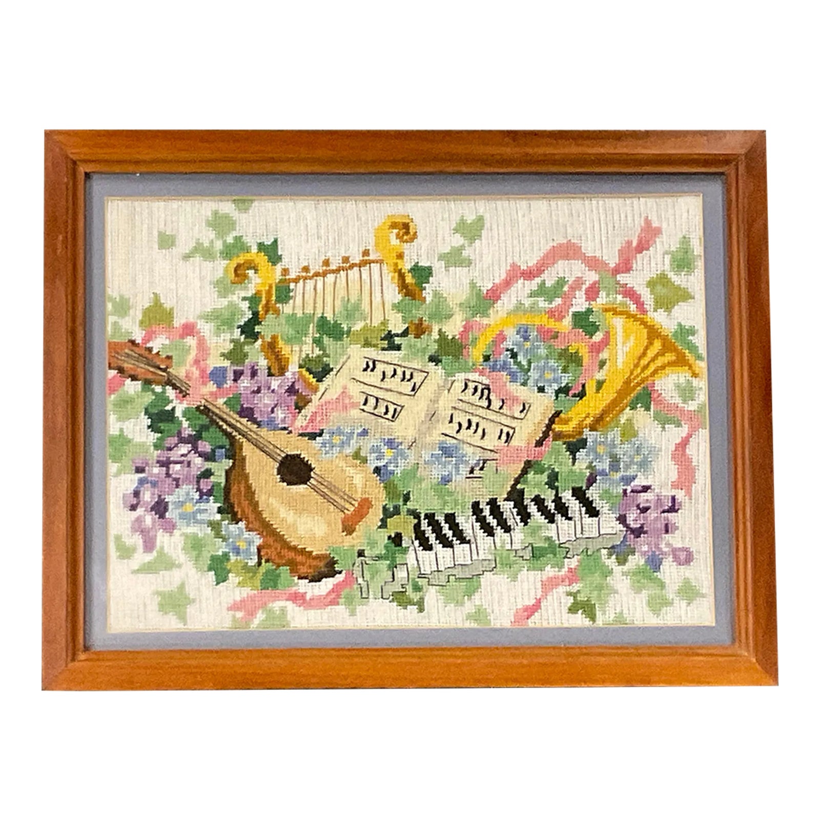 1970s Americana Folk Art Framed Needlepoint of Musical Instruments ...