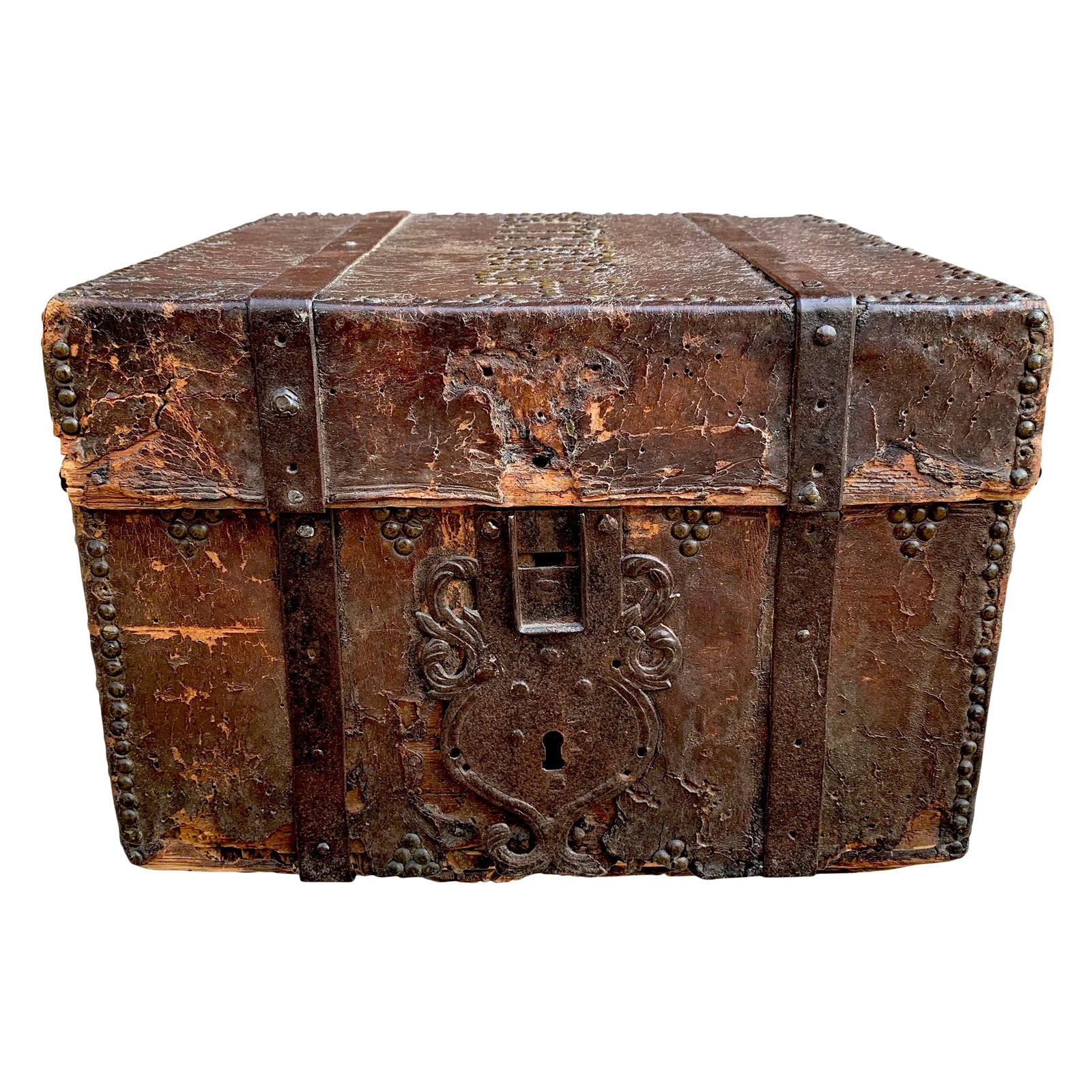 17th Century Italian Leather Lock Box | Chairish