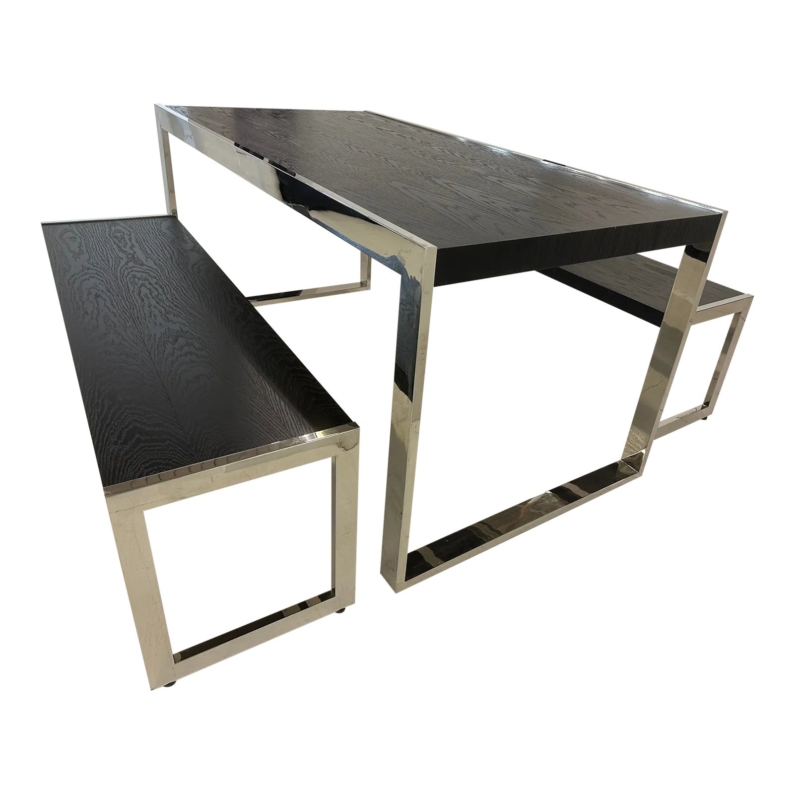 Contemporary One of a Kind Wood and Chrome Dining Table and Benches ...
