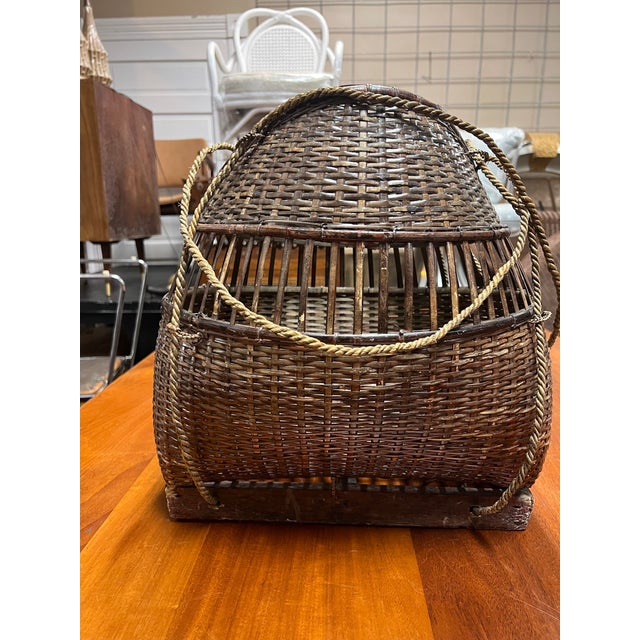 20th Century Rustic Asian Antique Bamboo Wicker Fish Basket | Chairish