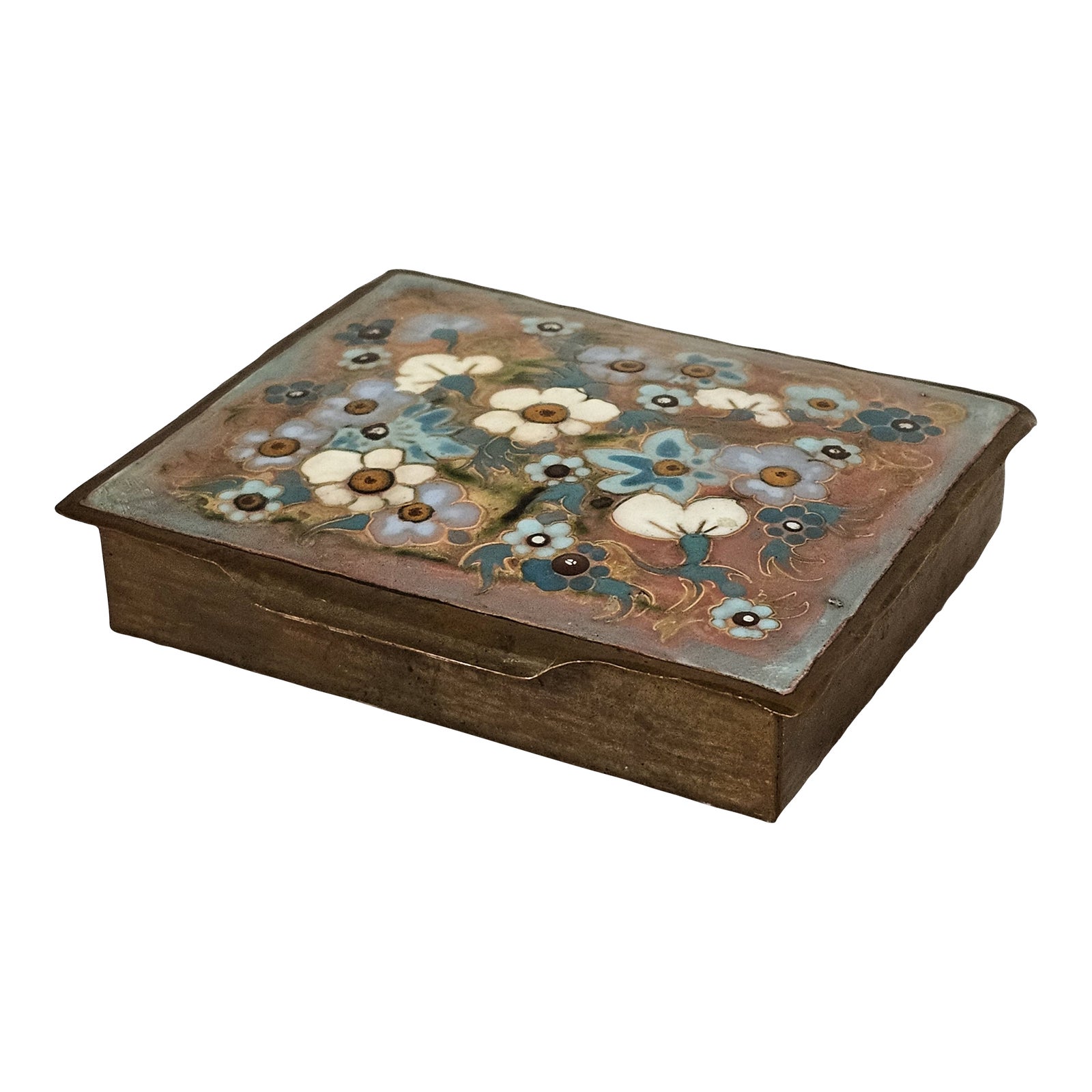 Antique Arts and Crafts European Small Copper Box With Enameled Floral ...