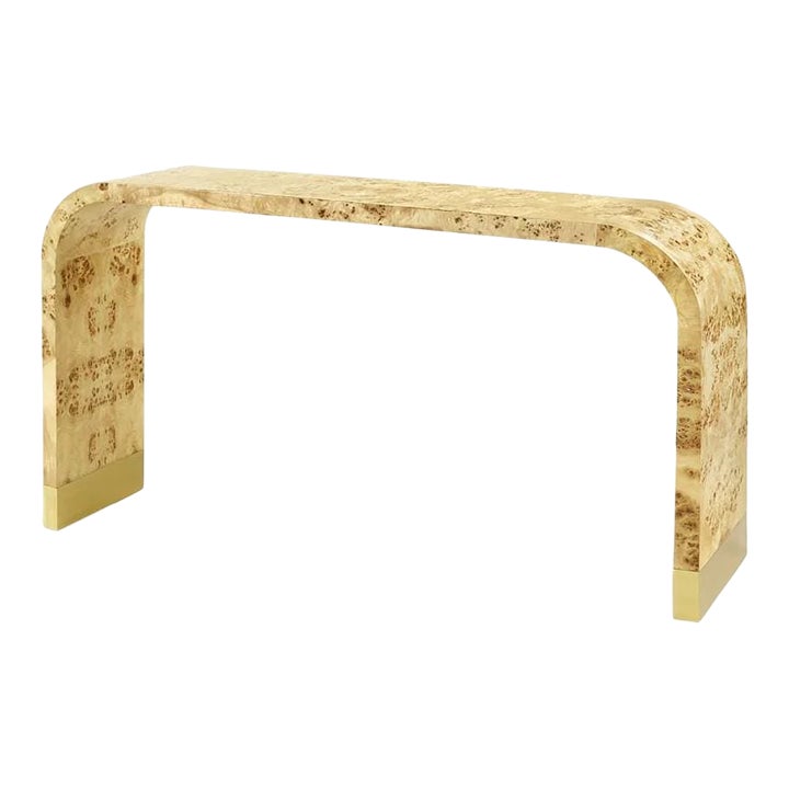 Burlwood and Brushed Brass Waterfall Console Table | Chairish