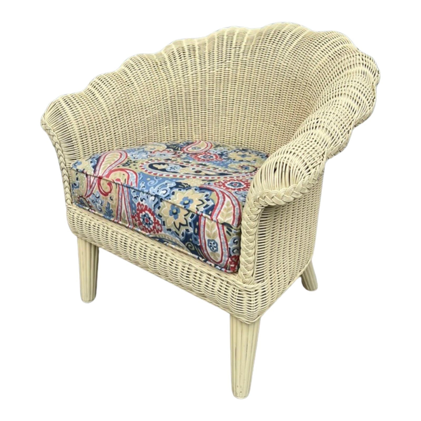 Coastal Scalloped, Barrel Back, Wicker Chair With Seat Cushion | Chairish