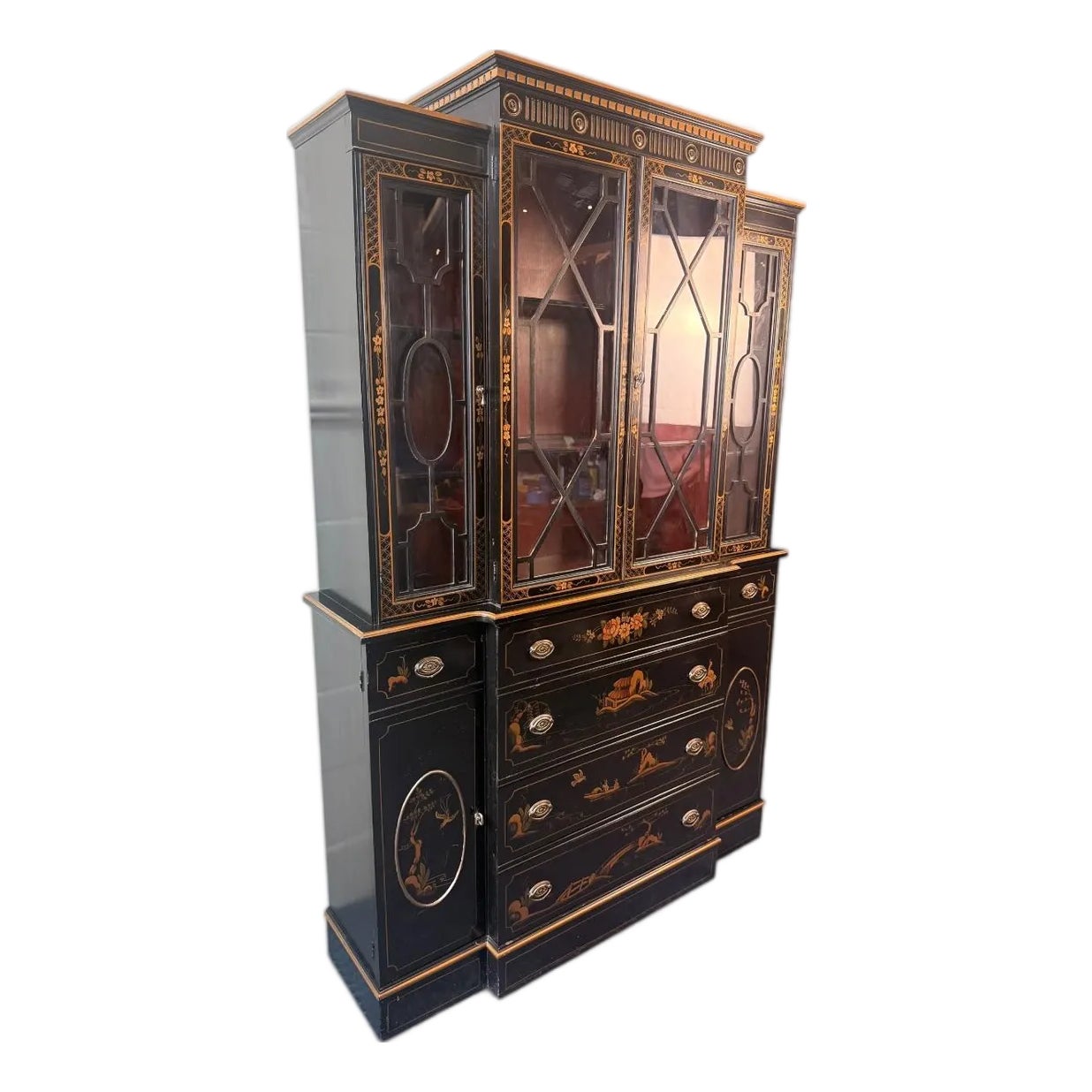 1970s Chinoiserie Black Lacquer Breakfront Cabinet by Union National ...