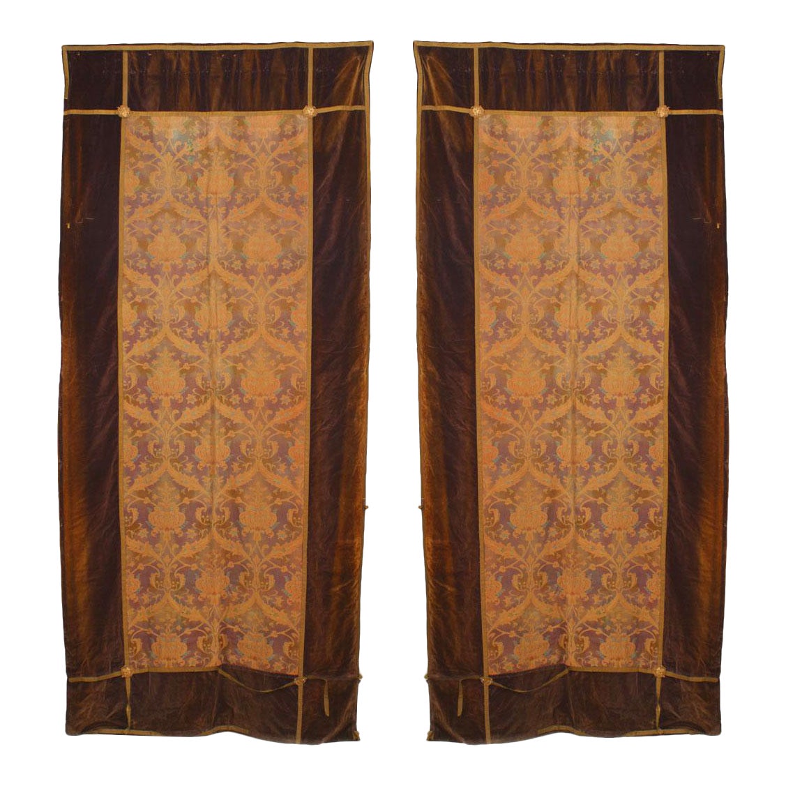 Gold and Brown Brocade Velvet Drapes | Chairish