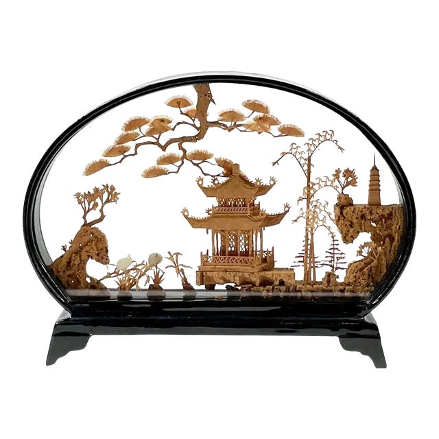 Mid 20th Century Vintage Chinese Cork Carving Pagoda Landscape Diorama ...