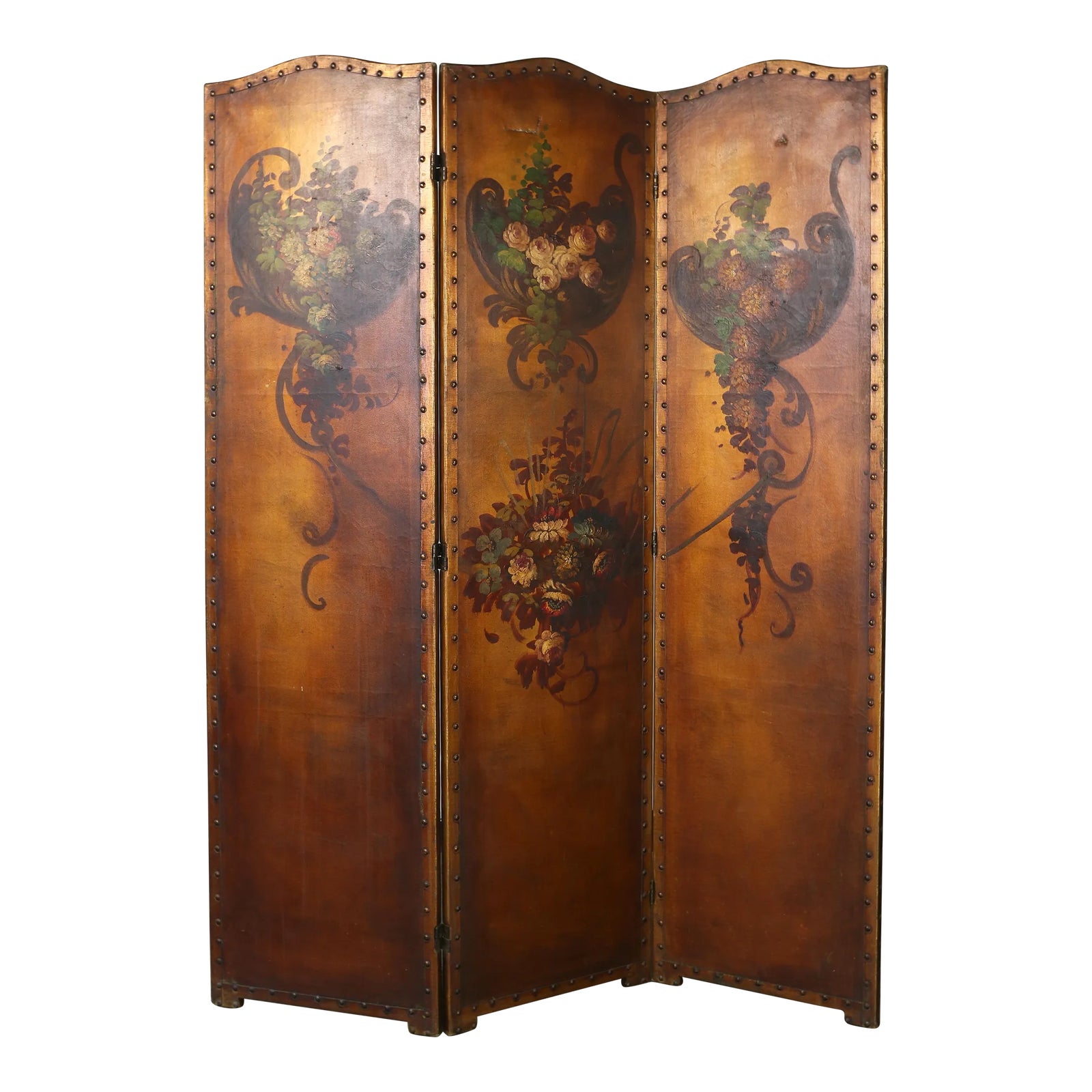 Antique Italian Leather Three-Panel Dressing Screen With Hand Painted ...